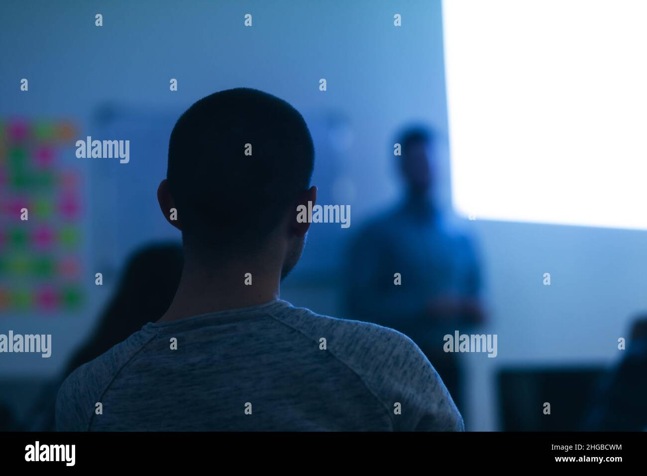 Back view of students during class during lecture. Professor next to a ...