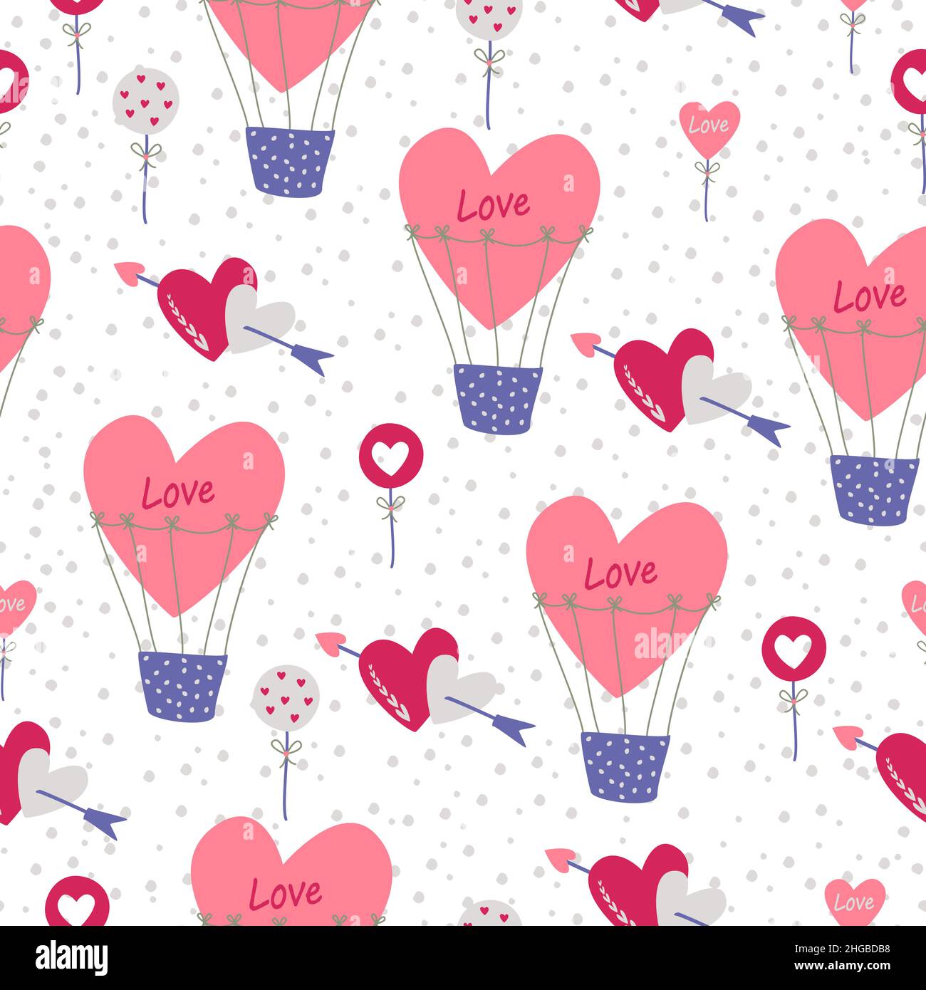 Simple seamless pattern. Balloons, hearts with an arrow, on a white background. Valentine's Day ...