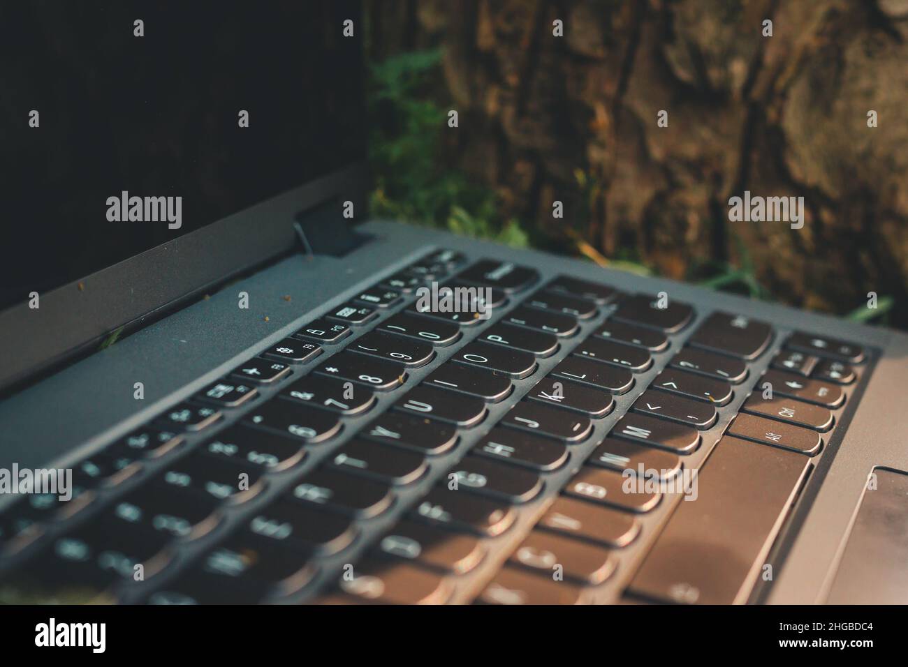 Laptop computer left out in nature during golden hour Stock Photo - Alamy