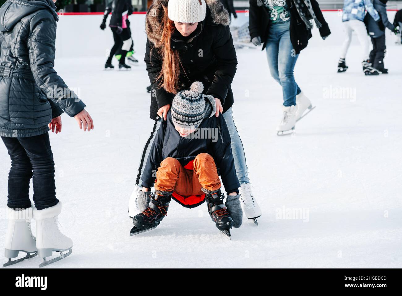 Soft,Selective focus.Mom with baby boy 6 years old, learn train, ride ...