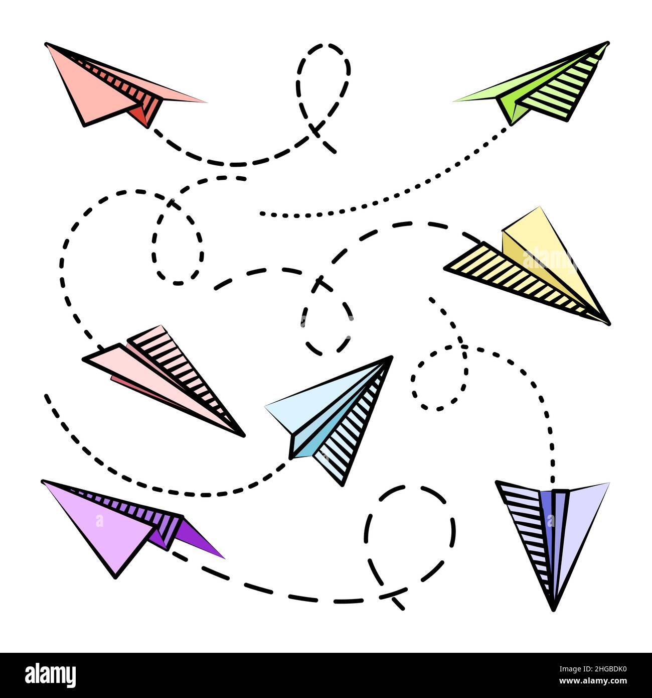 Various hand drawn paper planes. Colorful doodle airplanes with dotted ...