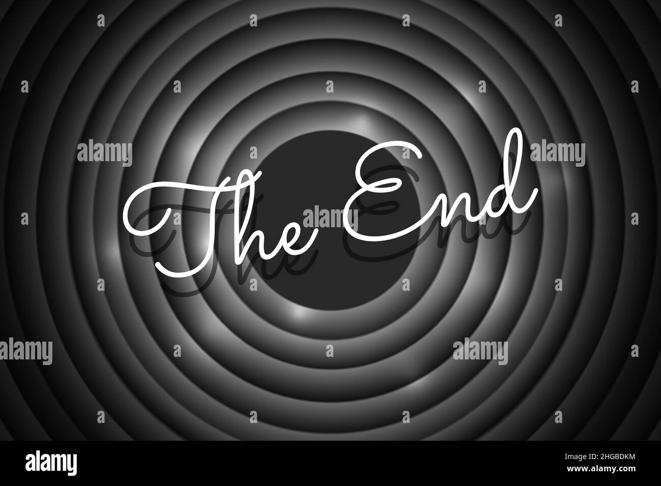 The End handwrite title on black and white round background. Old cinema ...