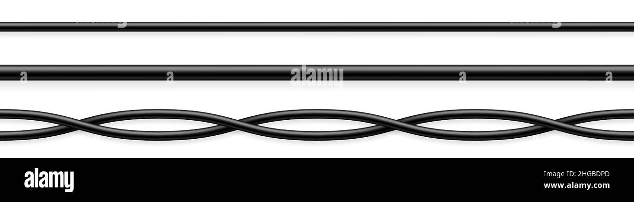 Flexible cables collection. Black electrical wire. Realistic power or ...