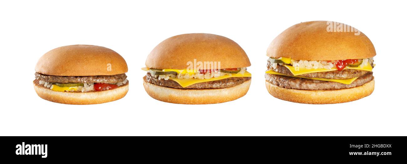 Set of 3 burgers on a white background Stock Photo - Alamy