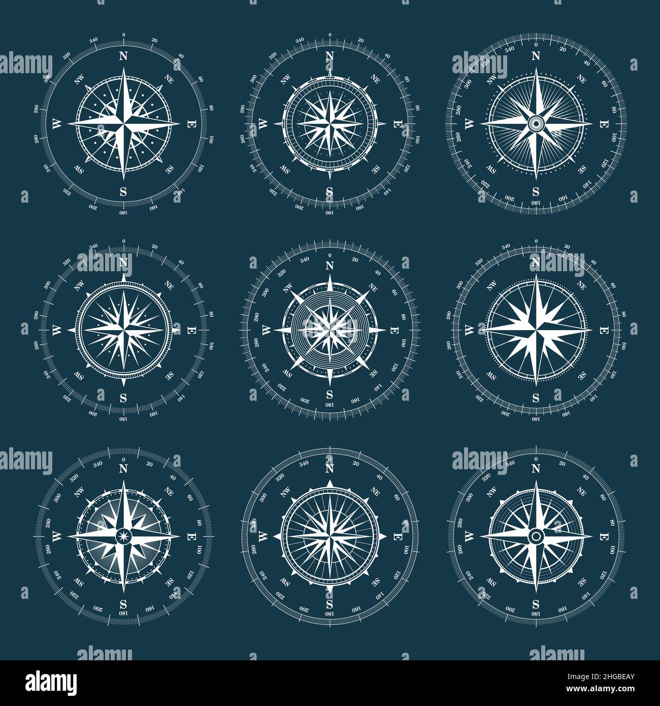 Vintage marine wind rose, nautical chart. Monochrome navigational ...