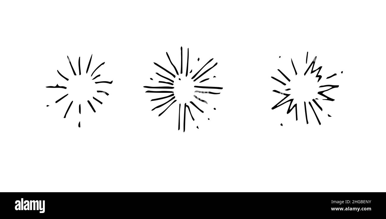 Festive fireworks. Fireworks explosions set. Outline sketch. Hand ...