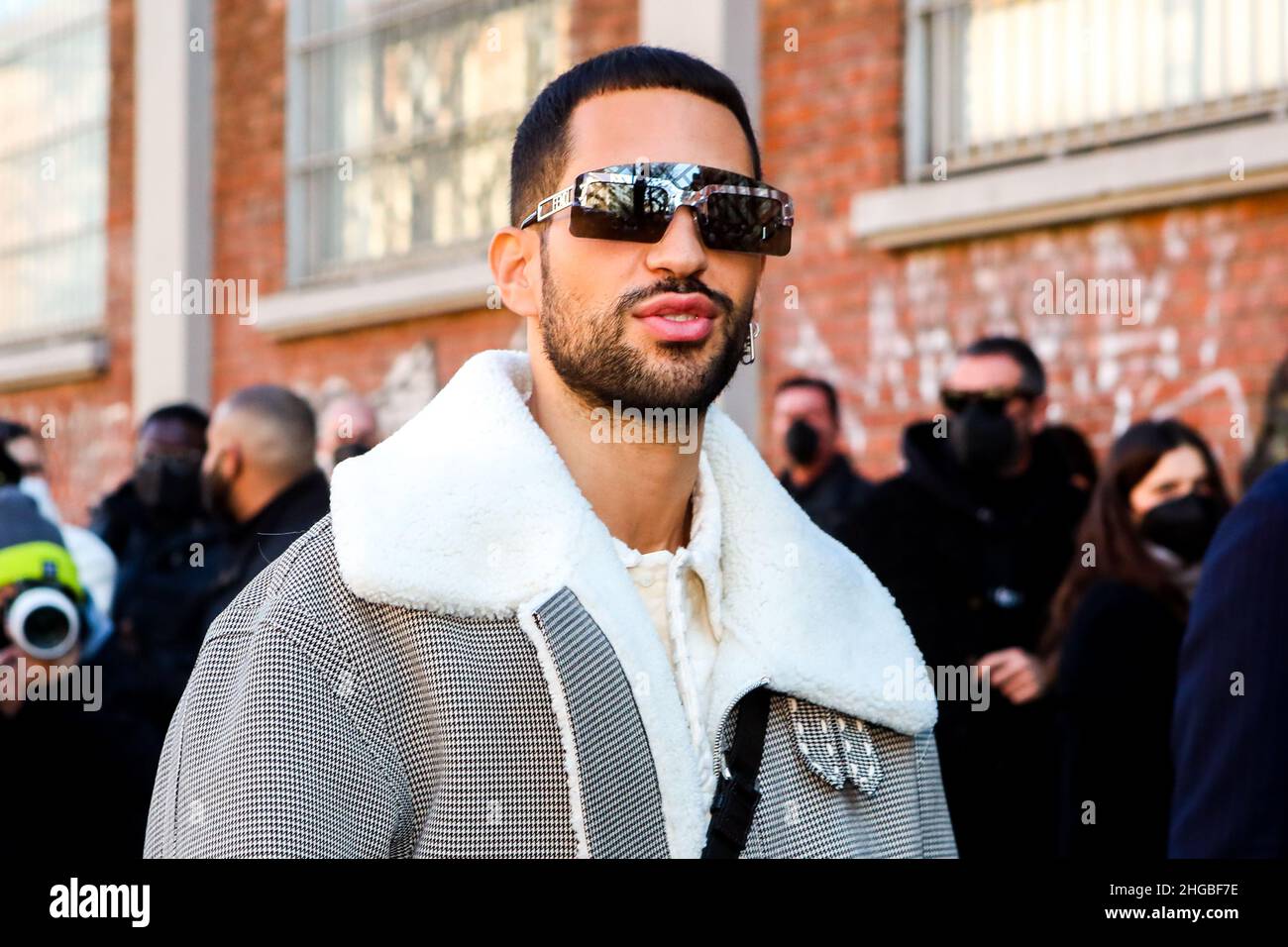 Mahmood arrives at the Fendi red carpet during the MFW 2022 in Milan ...