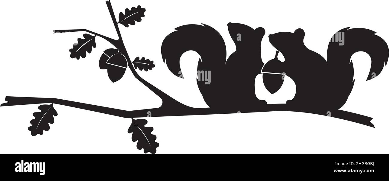 Squirrels couple silhouette on branch vector. Squirrels silhouettes ...