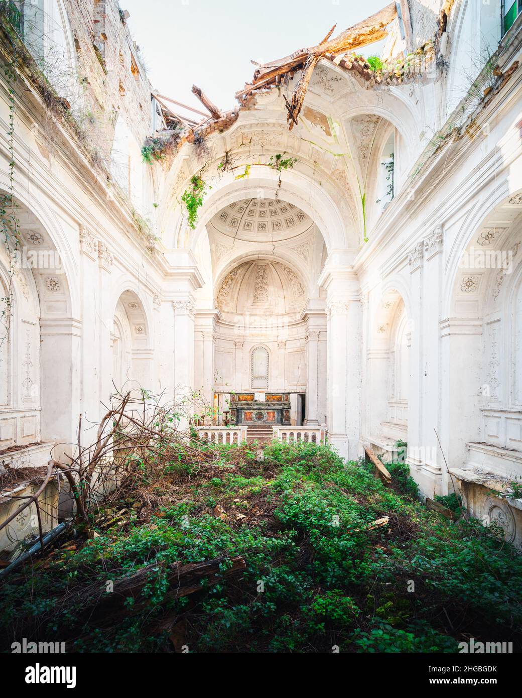 Decaying interior of an abandoned building with peeling paint and ...