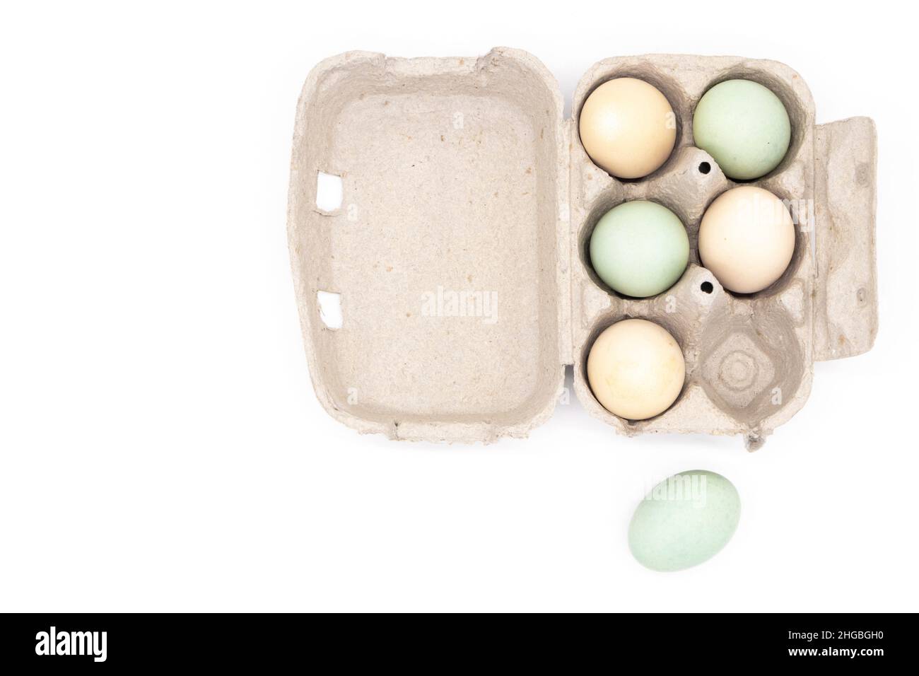 cardboard box of 6 colourful free range farm eggs blue green and brown ...