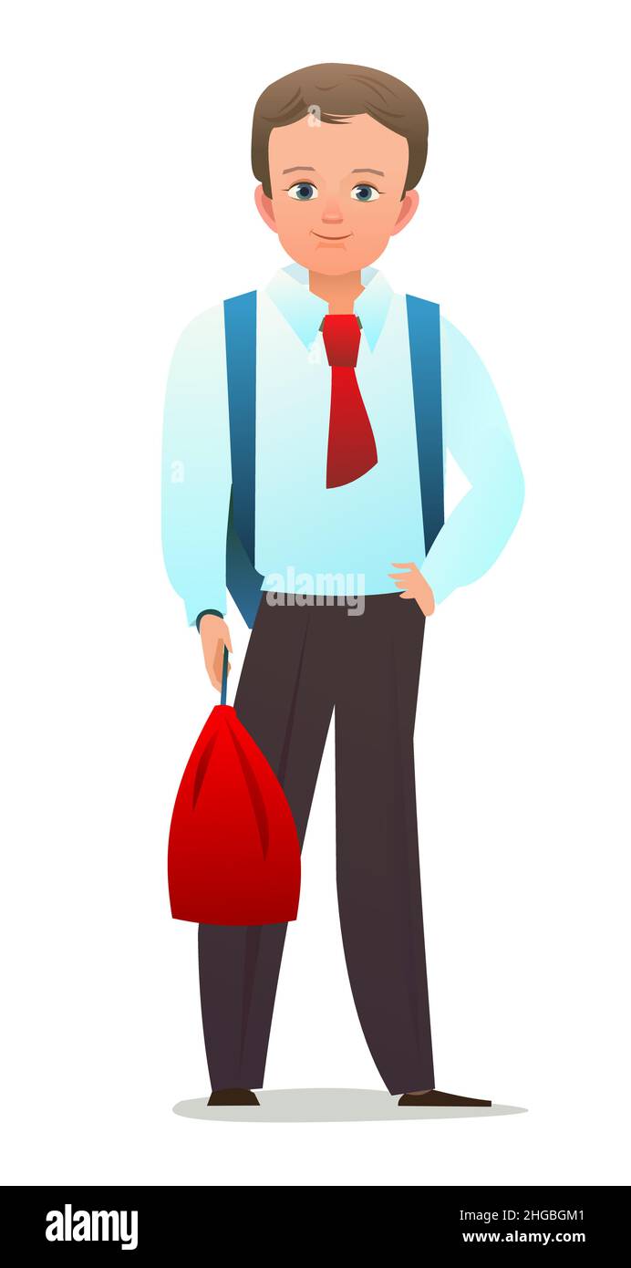 Pretty little boy student. Cheerful schoolboy. Standing pose. Cartoon ...