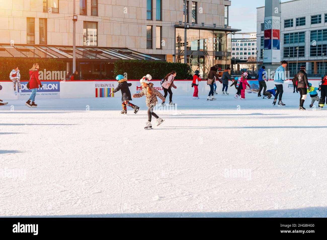 Slovakia.Bratislava.28.12.2018 .Soft,Selective focus.People ice skating ...