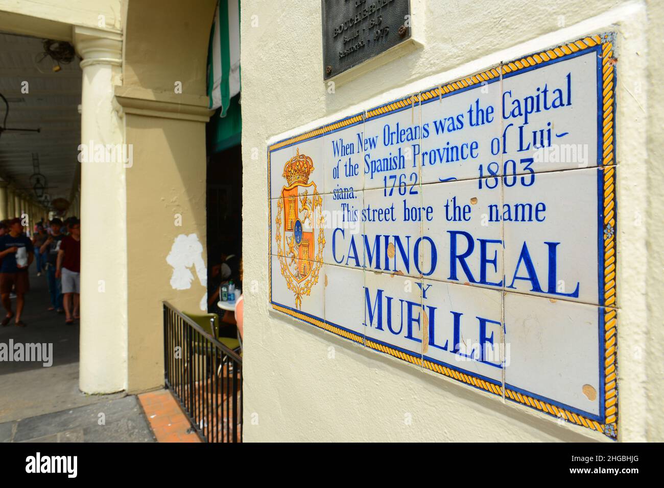 Decatur Street Sign with historic road name as Camino Real y Muelle in ...