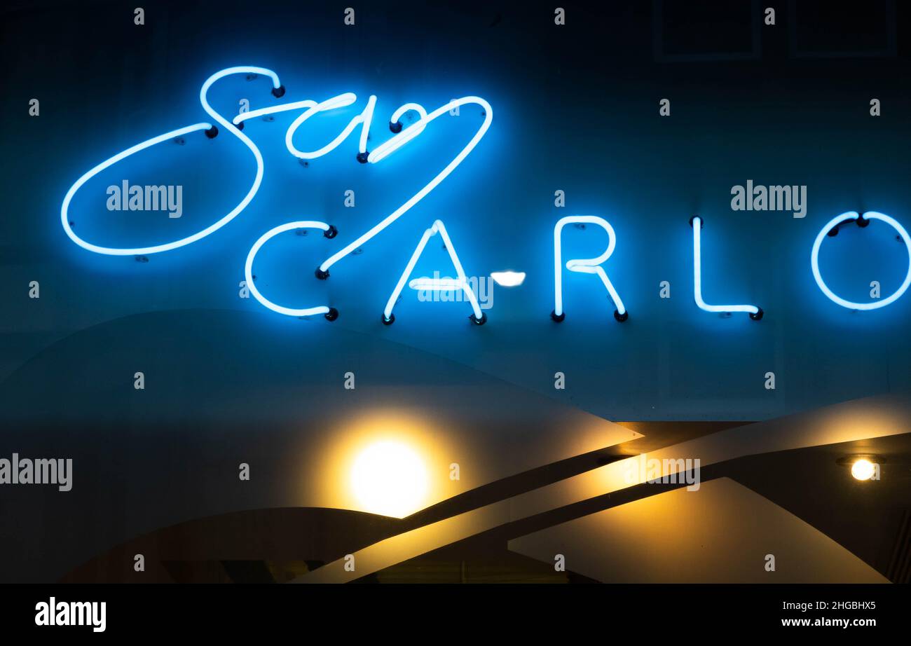 Sign in window of San Carlo restaurant on Castle Street in Liverpool ...