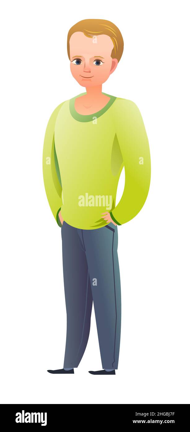 Handsome little boy in pants and sweater. Cheerful middle aged teen ...