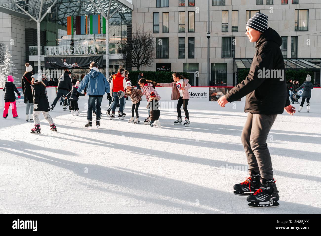 Slovakia.Bratislava.28.12.2018 .Soft,Selective focus.People ice skating ...