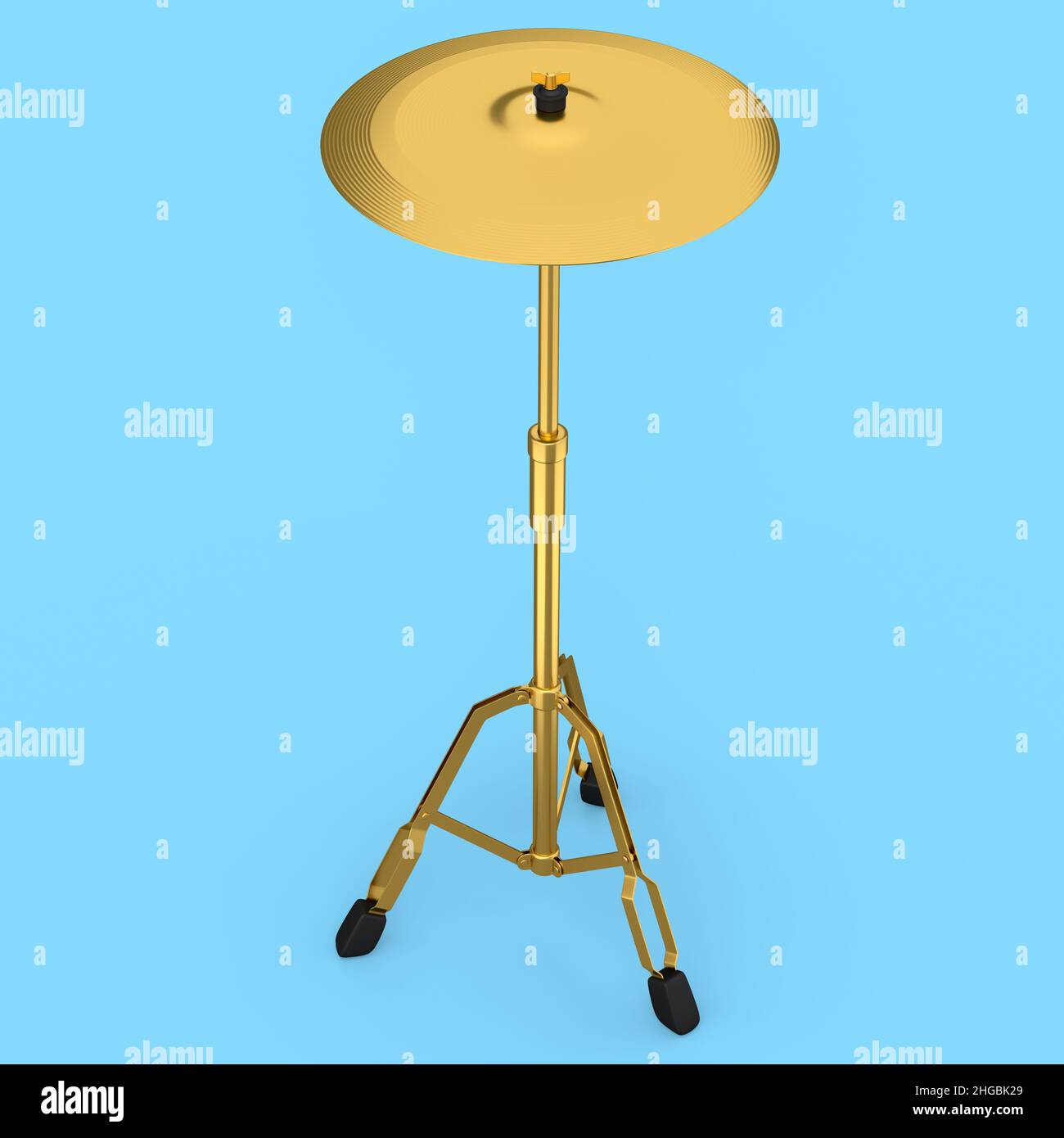 Metal cymbal on a stand on blue. 3d render of musical percussion ...