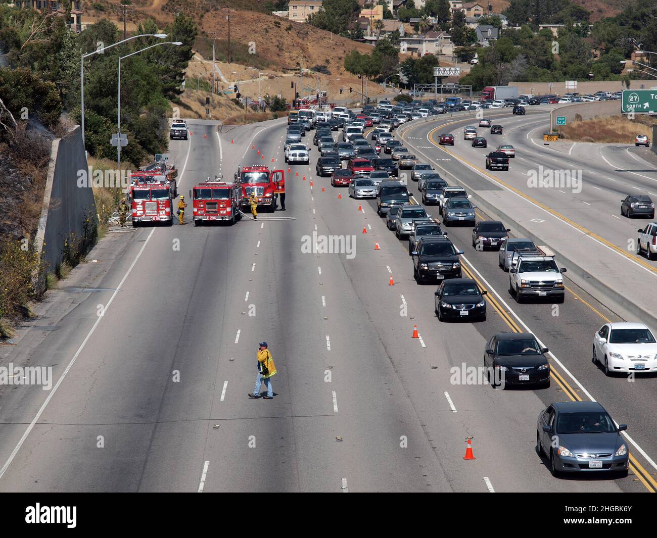 Chatsworth, California, USA - July 8, 2010: Brush fire causes traffic ...
