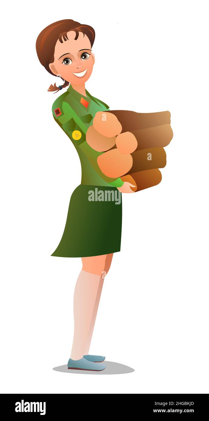 Pretty little girl in scout uniform with badges. Cheerful girl ...