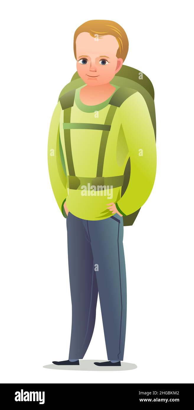 Little boy tourist backpacker. Teen with backpack on his back. Cheerful ...