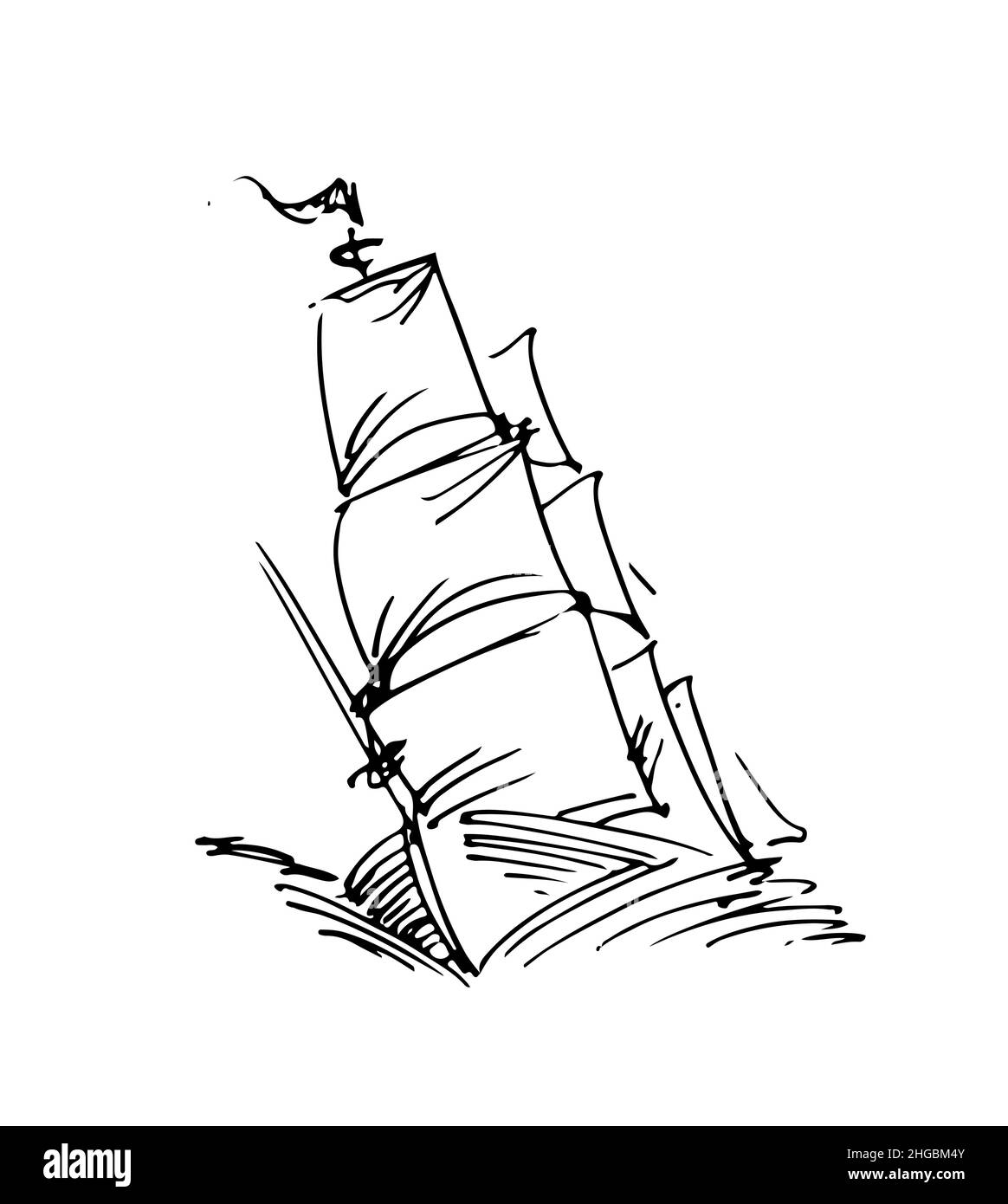 Sailboat floats on waves. Big ship. Outline sketch. Hand drawing ...