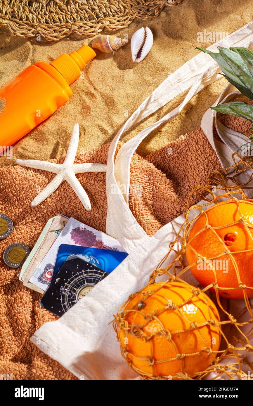 Concept of sandy beach holiday, top view. Sand background with copy ...
