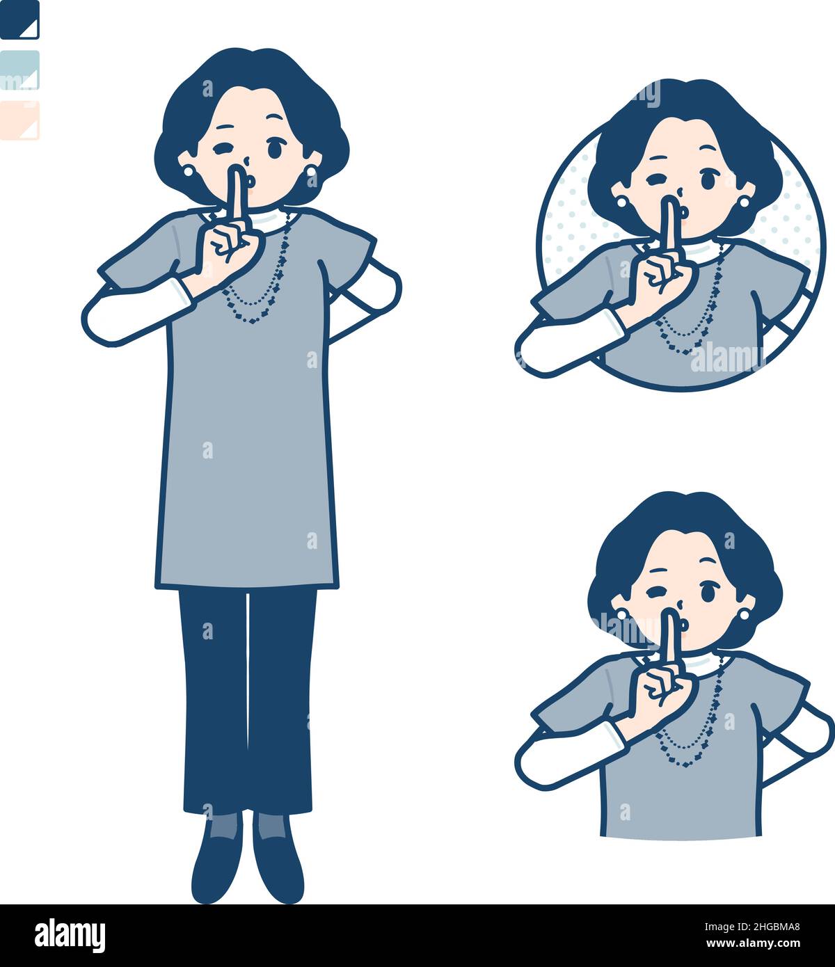 Middle-aged woman in a tunic with be quiet hand sign images.It's vector ...