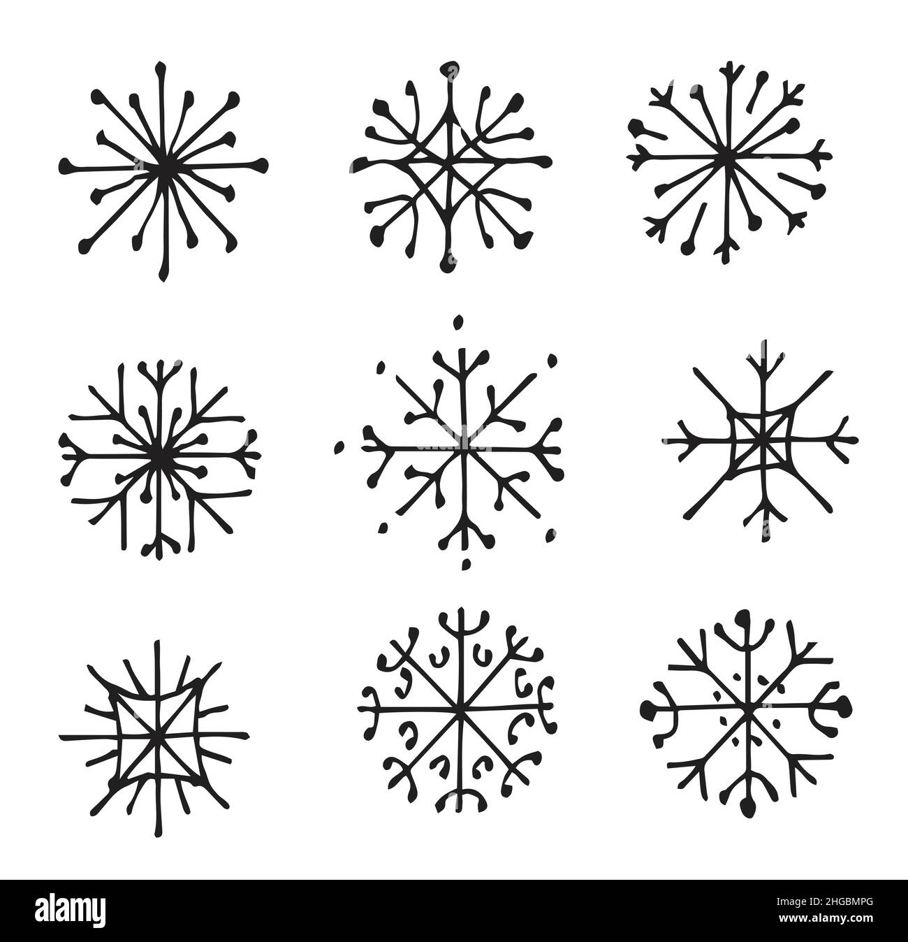 Snow snowflakes. Set of winter objects. Cold winter. Outline sketch ...