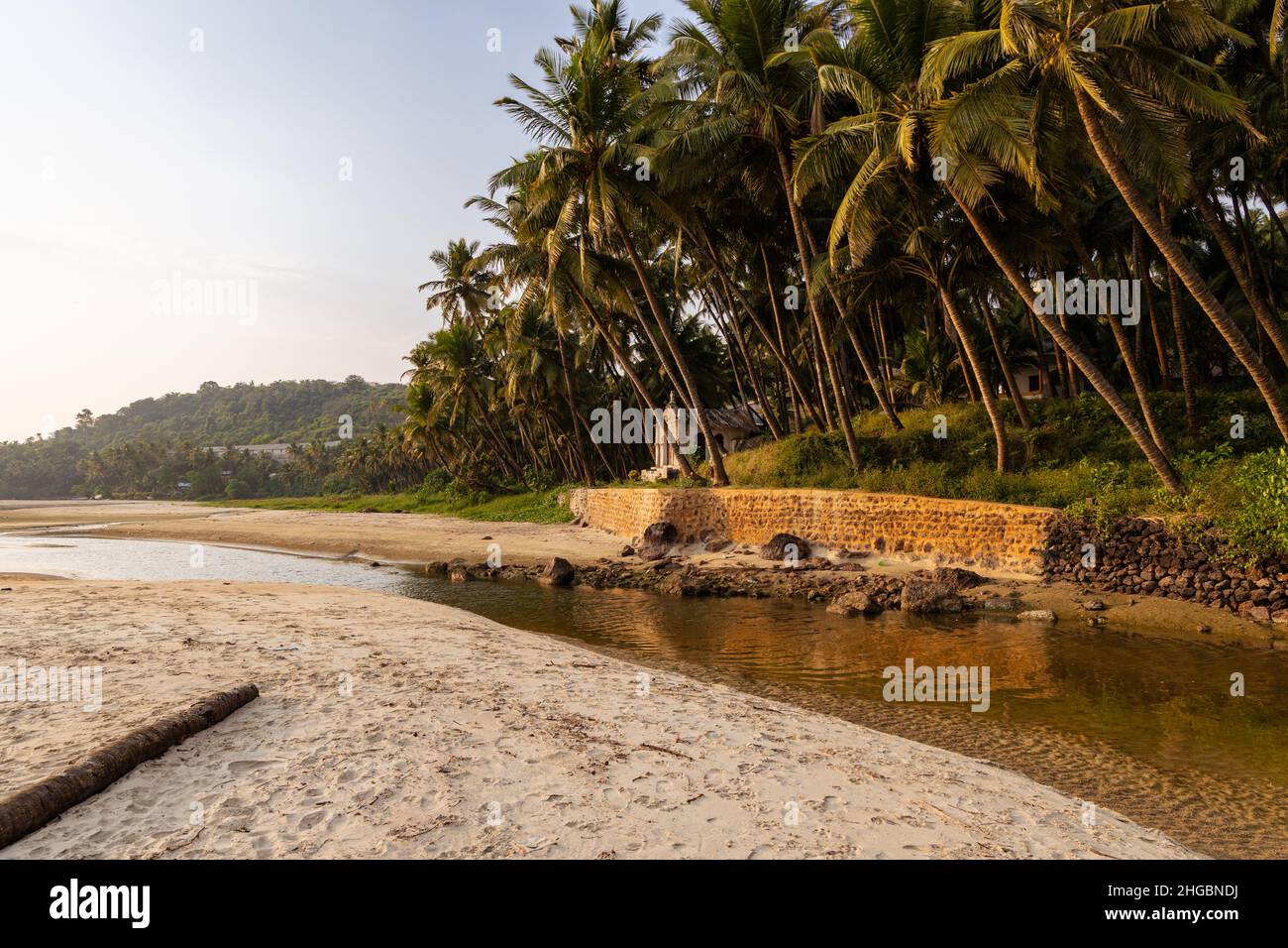 Beautiful view of a tiny chapel situated between tall coconut palm ...