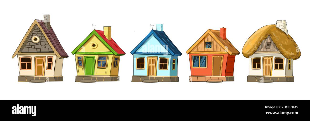 Set of old village little houses. Fabulous cartoon objects. Cute ...