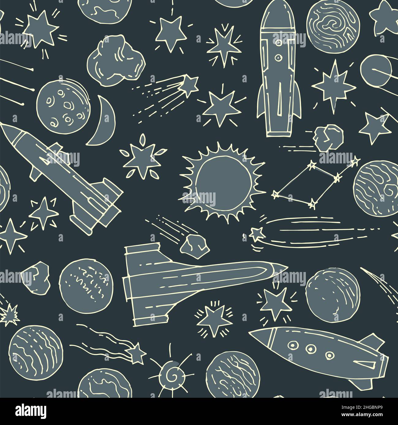 Space background with rocet. Dark Seamless pattern. Planets and stars ...