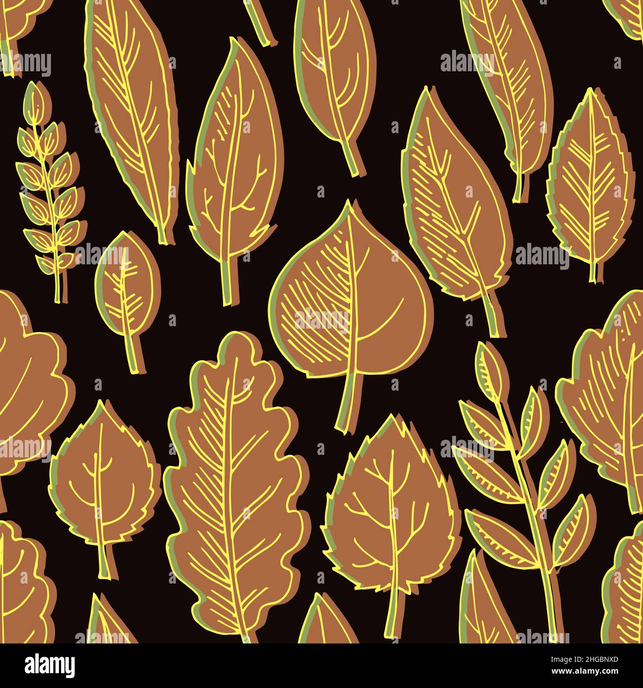 Autumn Tree leaf background. Dark Seamless pattern. Hand drawing ...