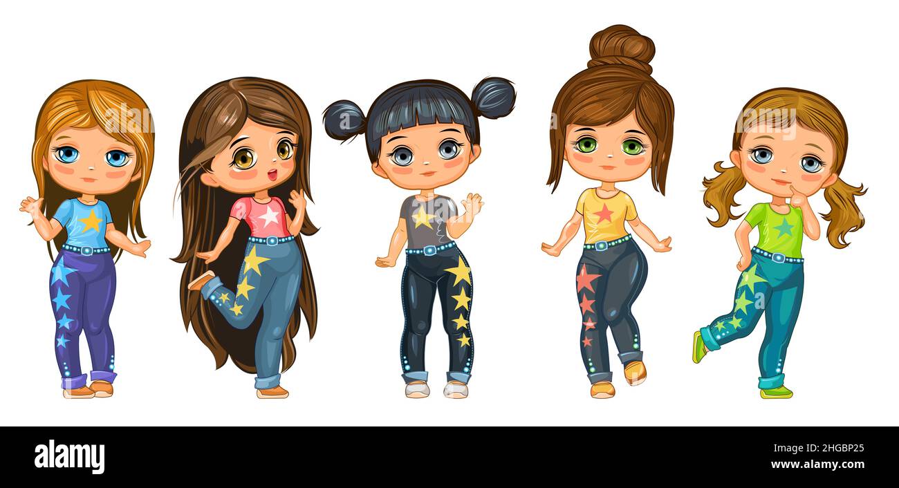 Cute little girl doll. Fun cartoon style. Set of characters in ...