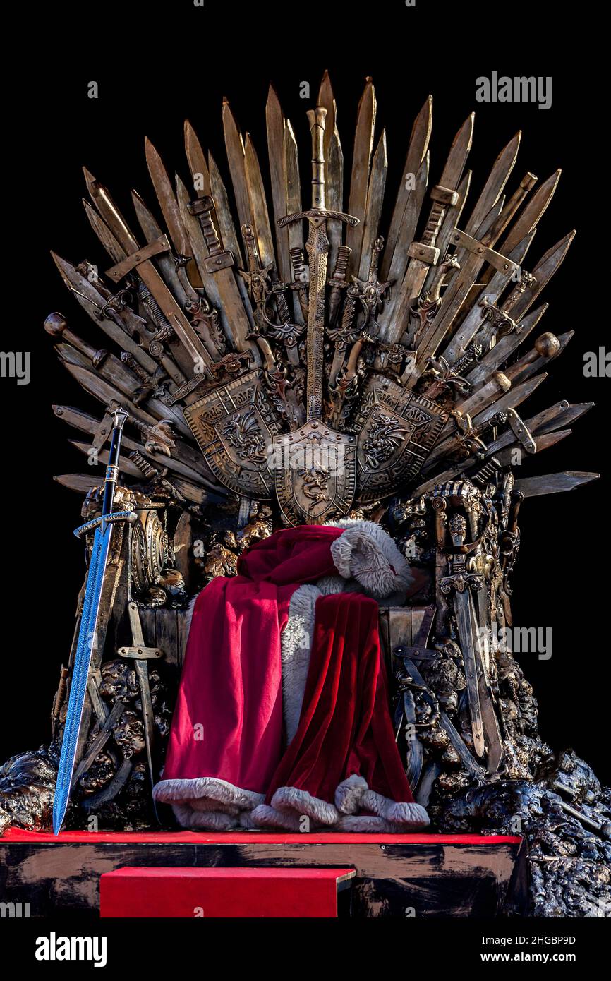 photography set of a throne with swords, shields and royal mantle ...