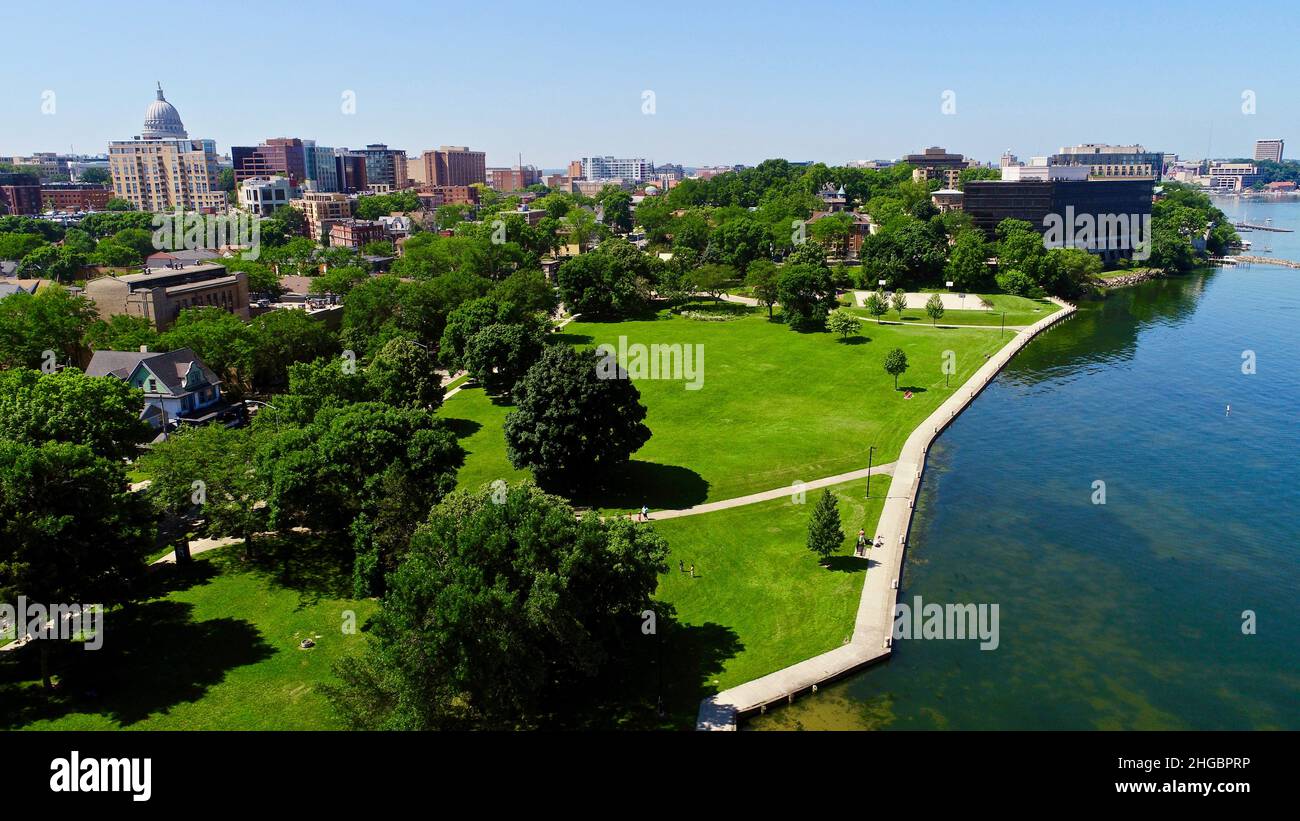 Aerial view of City of Madison skyline, James Madison Park, on sunny ...