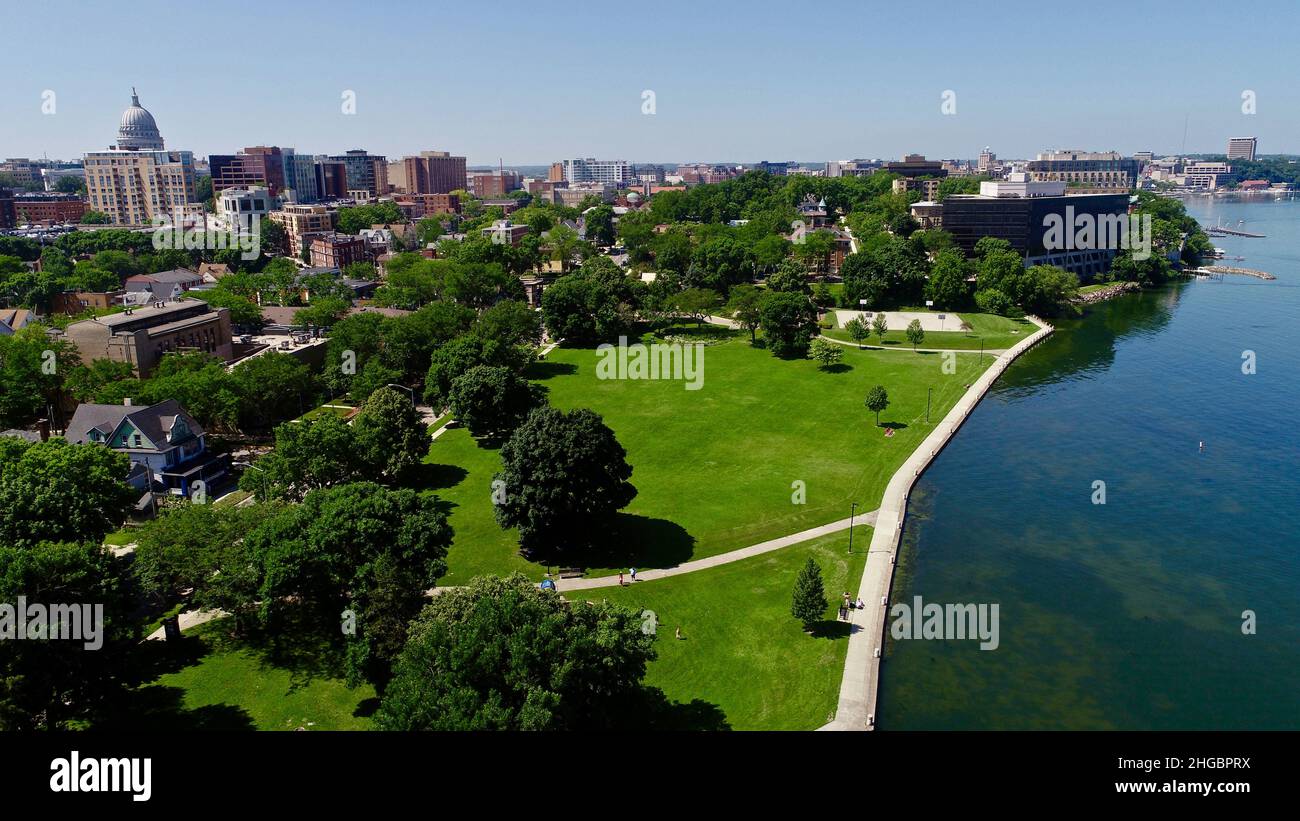 Aerial view of City of Madison skyline, James Madison Park, on sunny ...