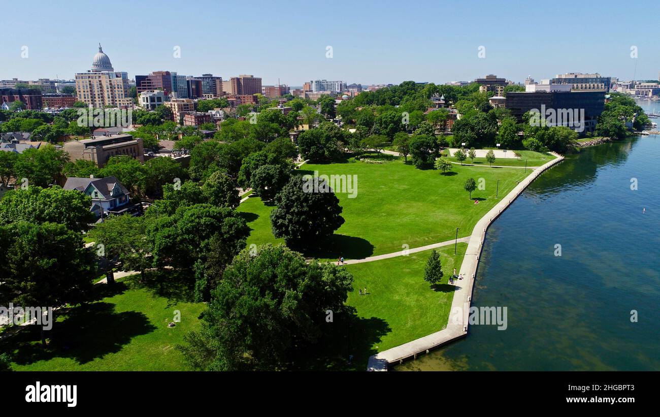 Aerial view of City of Madison skyline, James Madison Park, on sunny ...