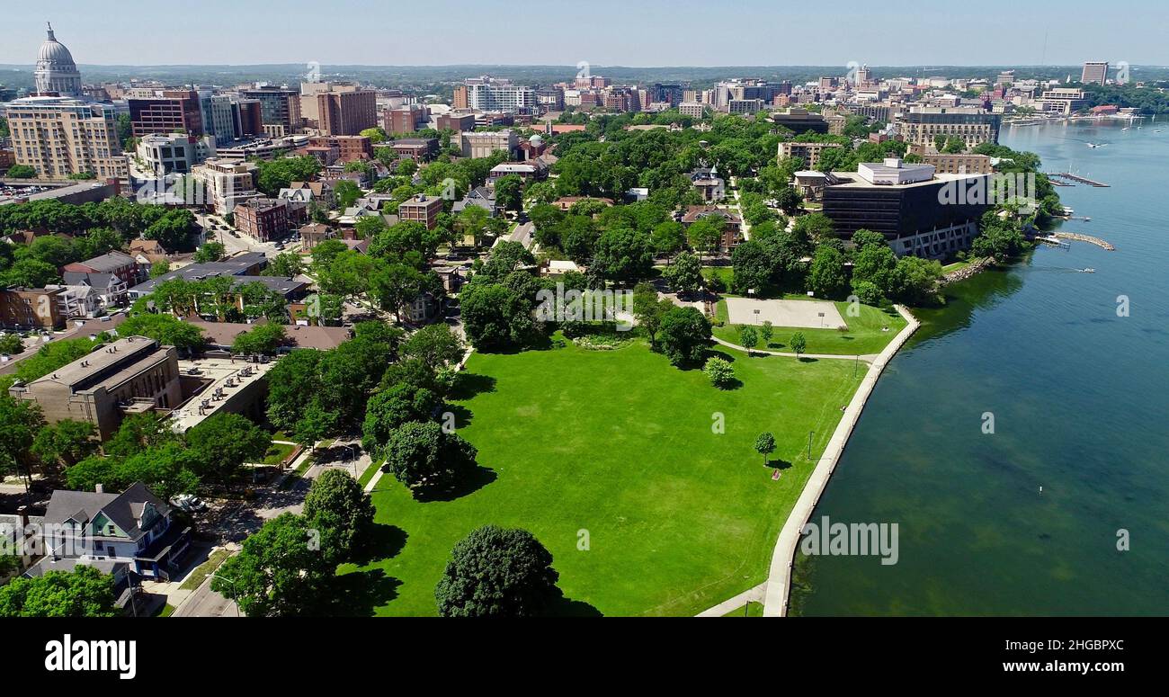 Aerial view of City of Madison skyline, James Madison Park, on sunny ...