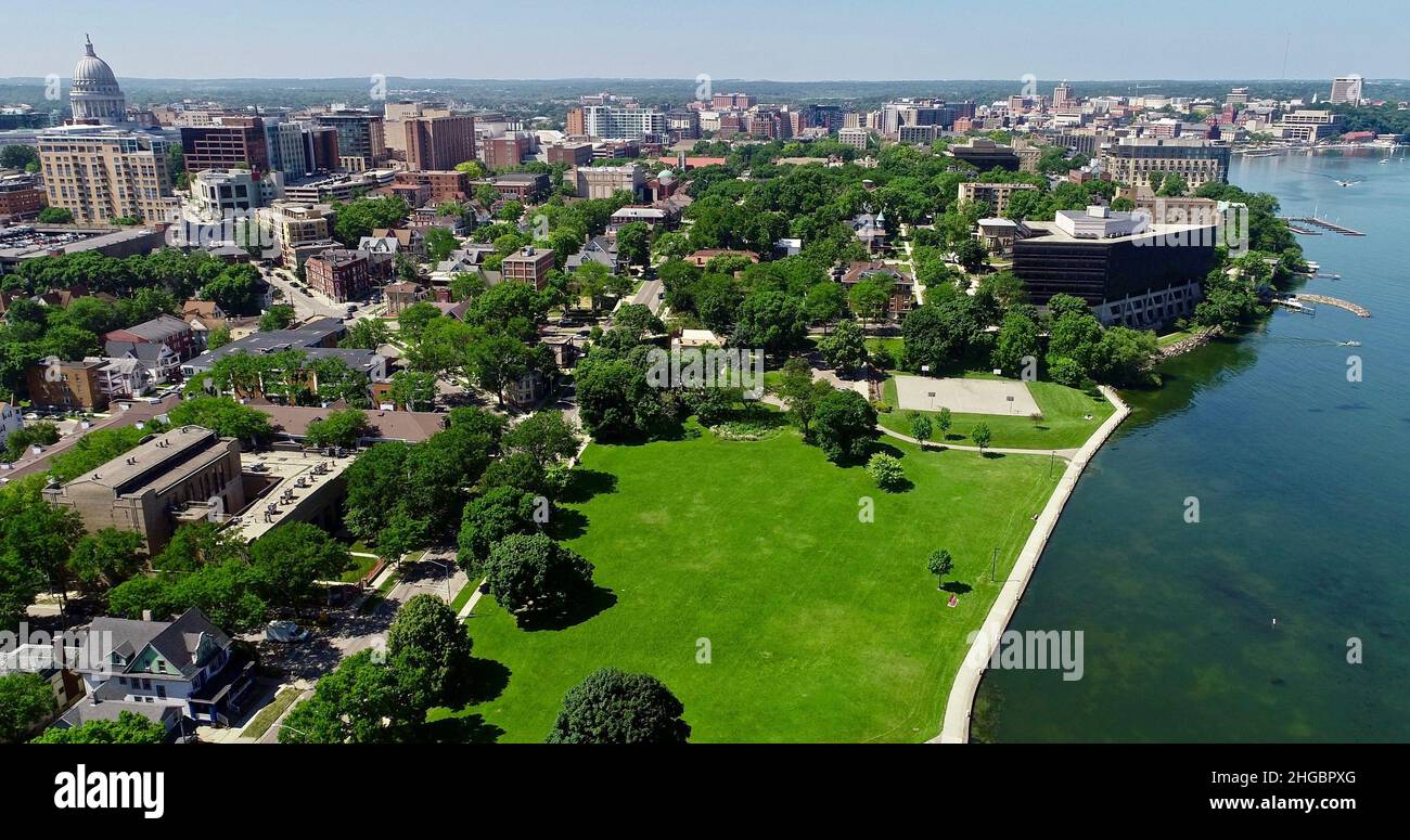 Aerial view of City of Madison skyline, James Madison Park, on sunny ...