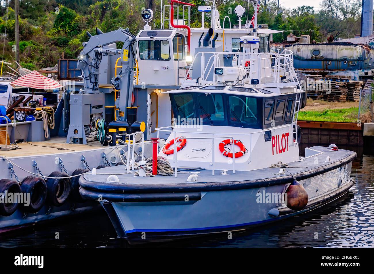 A pilot boat is docked alongside other boats, Jan. 6, 2022, in Bayou La ...