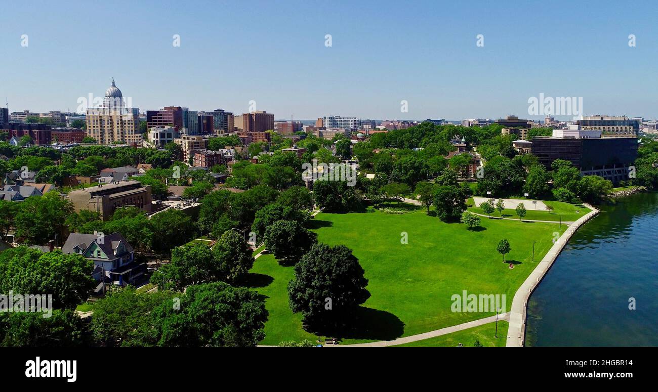 Aerial view of City of Madison skyline, James Madison Park, on sunny ...