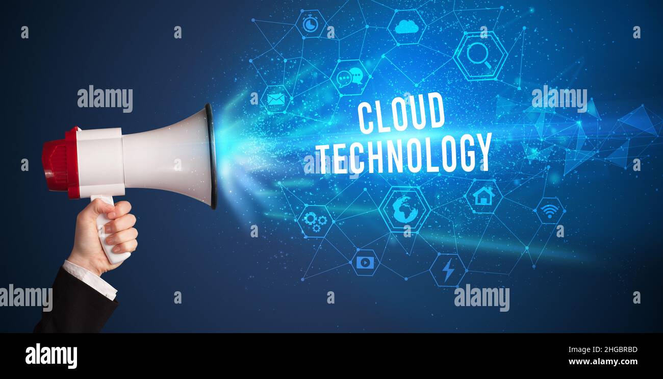 Young woman shouting in megaphone, technology announcement concept ...