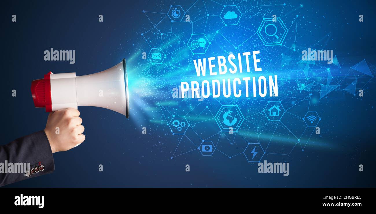 Young woman shouting in megaphone, technology announcement concept ...