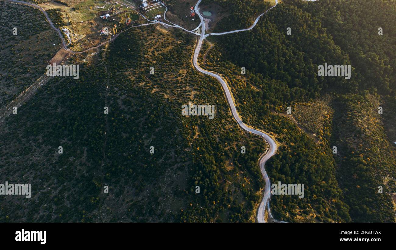 Aerial Top view of a bending single lane road among bushes Stock Photo ...