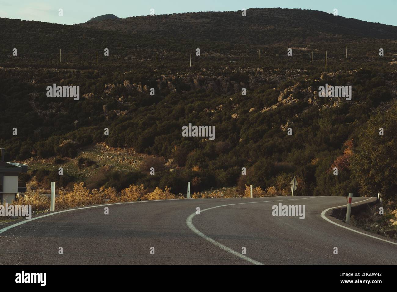 Bending one lane road with trees and bushes Stock Photo - Alamy