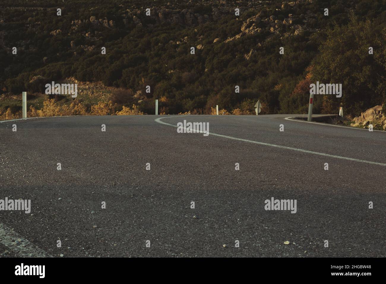 Bending one lane road with trees and bushes Stock Photo - Alamy