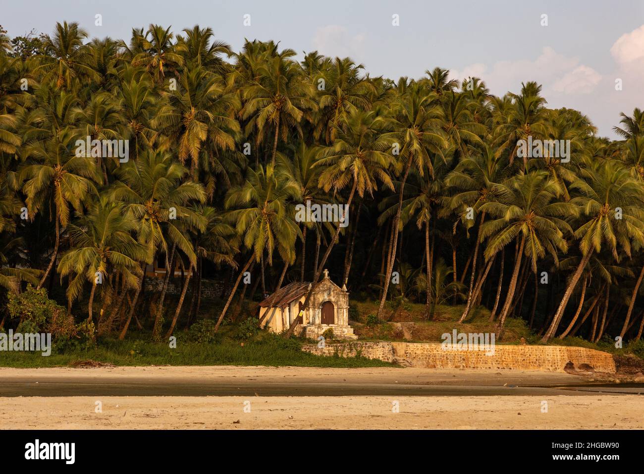 Beautiful view of a tiny chapel situated between tall coconut palm ...