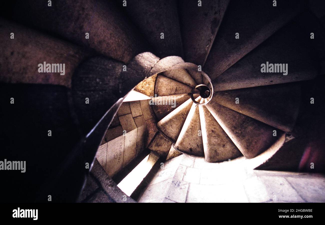 Barcelona, Catalonia, Spain 1992: Spiral staircase at La Sagrada ...