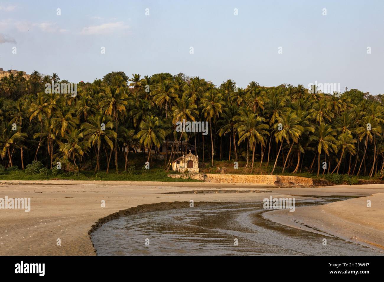 Beautiful view of a tiny chapel situated between tall coconut palm ...