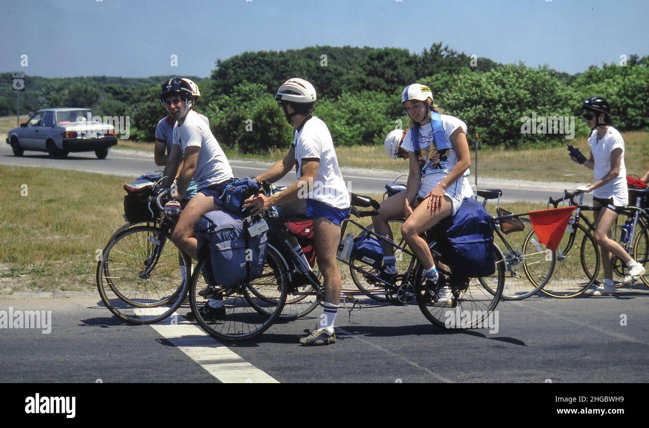 Provincetown, MA USA 1989: Bicyclists heading to Cape Cod seashore on a ...